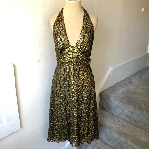 Milly | Dresses | Milly Intermix Olive Gold Lame Halter Dress Nwt ...